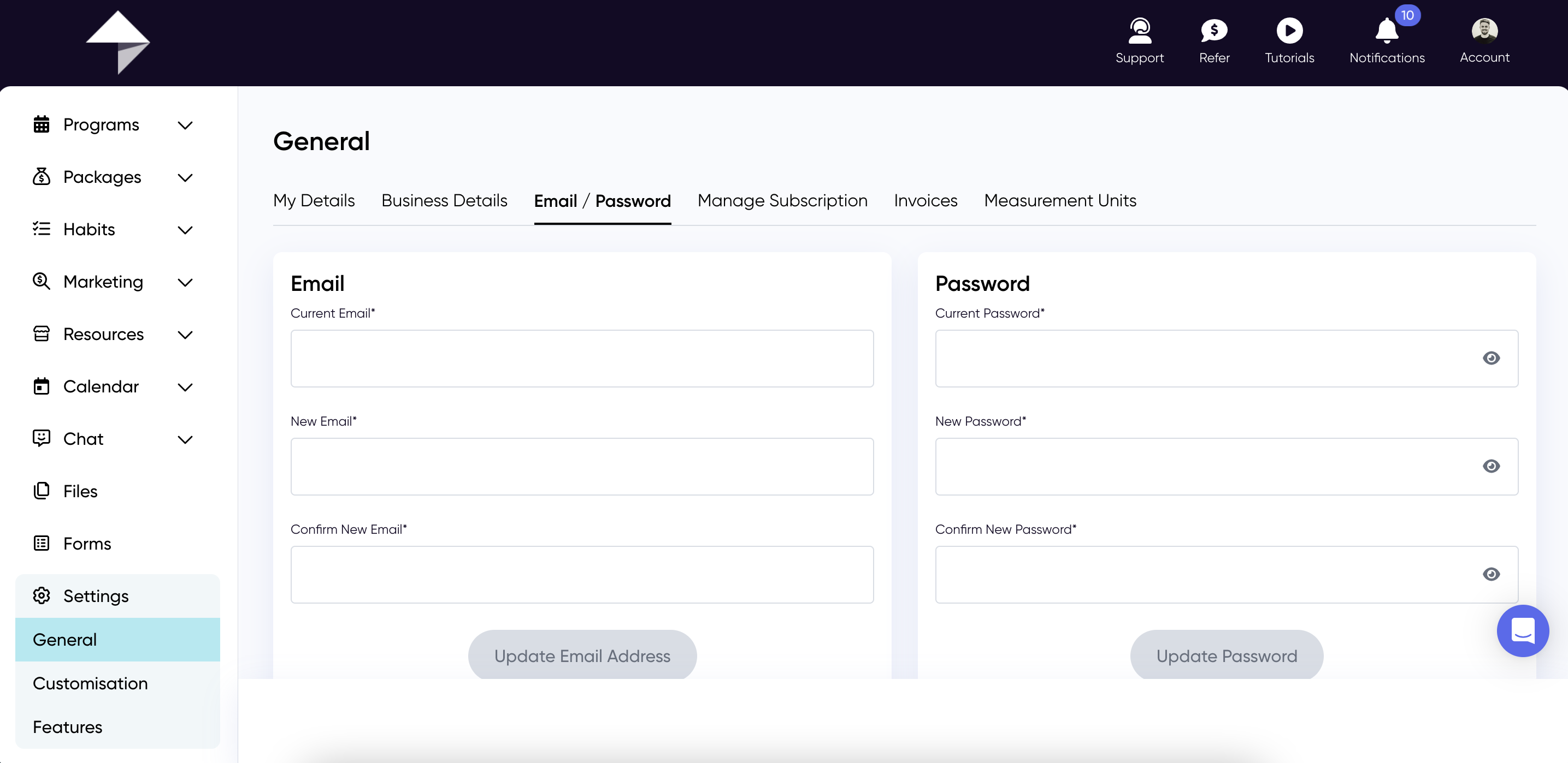 Change my email address and password – My PT Hub